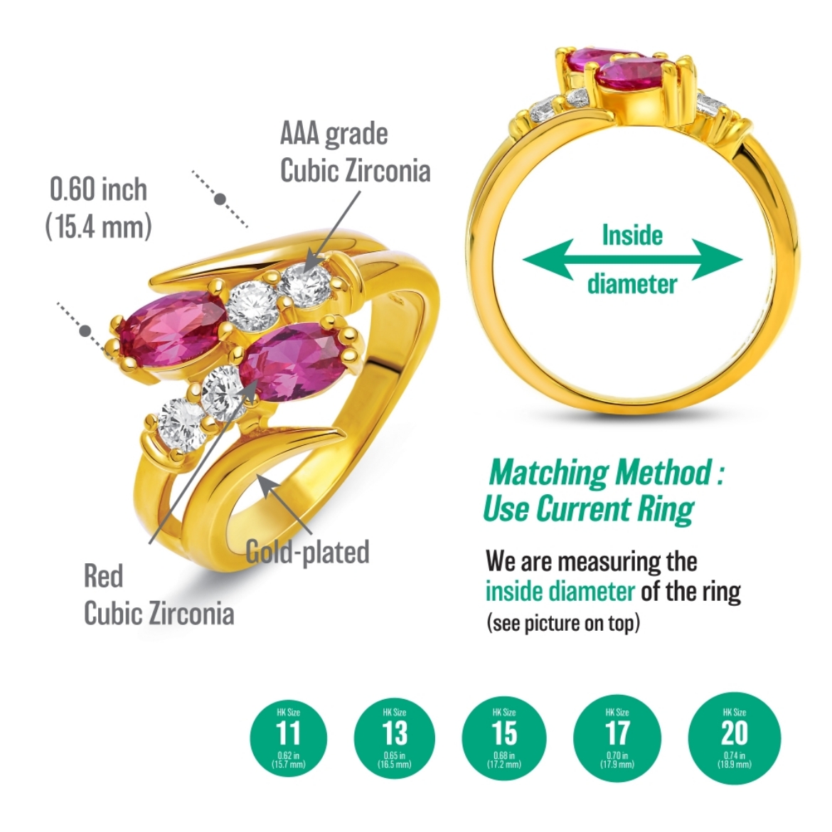 Zhulian Malaysia. Double Red Synthetic Ruby Bypass Ring Gold Plated