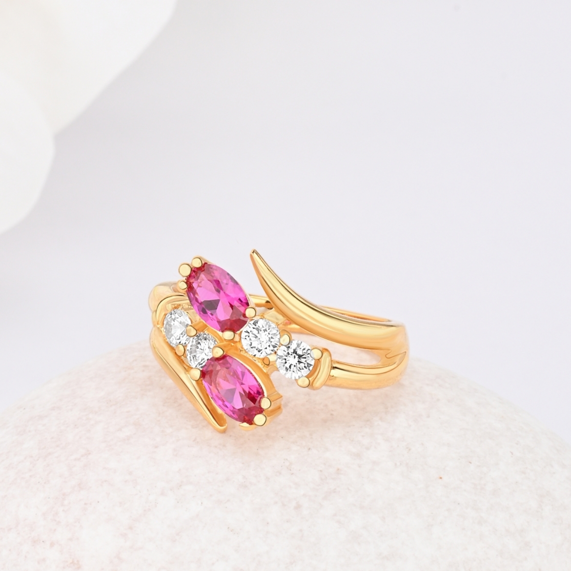 Zhulian Malaysia. Double Red Synthetic Ruby Bypass Ring Gold Plated